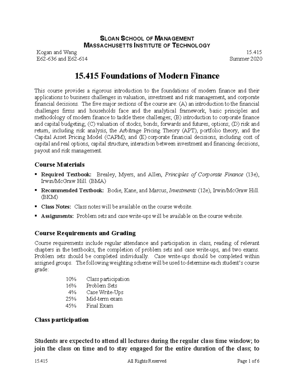 Modern Finance Syllabus 202007 02 - SLOAN SCHOOL OF MANAGEMENT ...