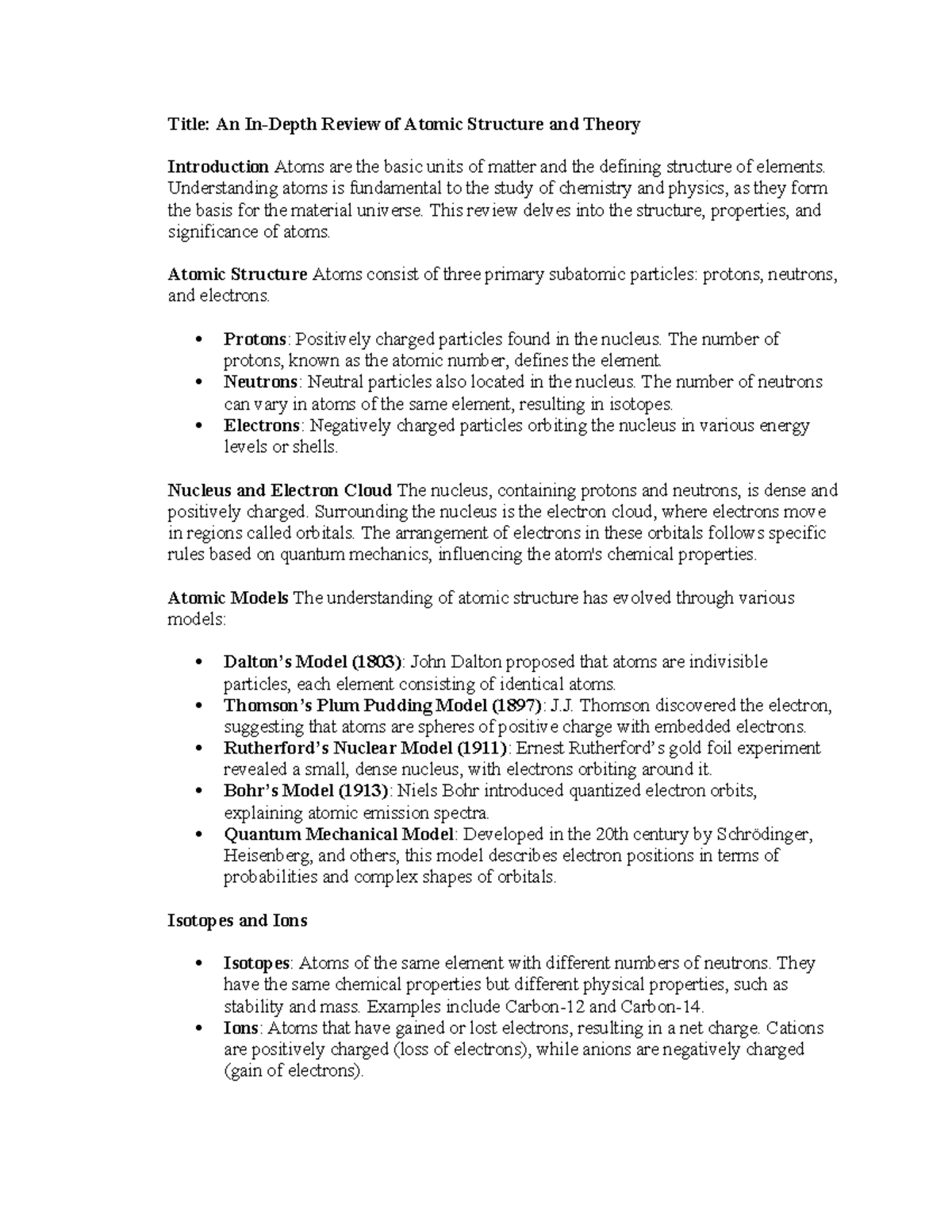 Reviewer 2 - Title: An In-Depth Review of Atomic Structure and Theory ...