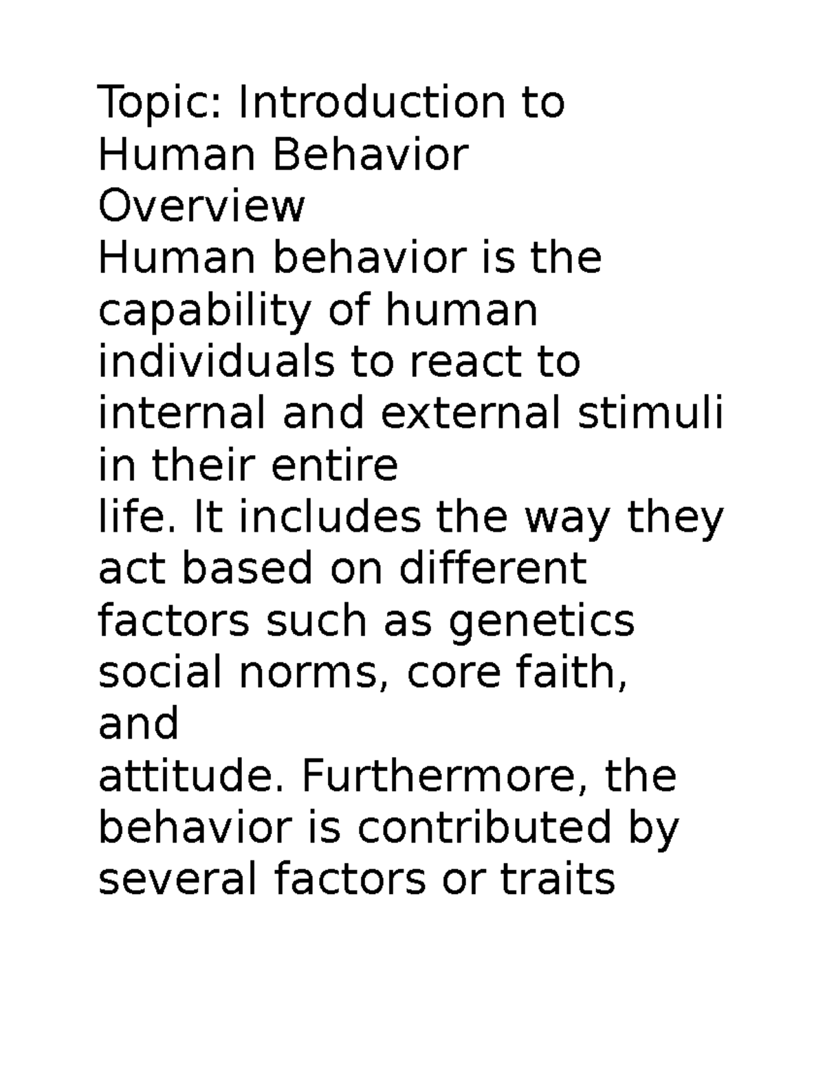 Human behavior - ,as,d;'asd;sad - Topic: Introduction to Human Behavior ...