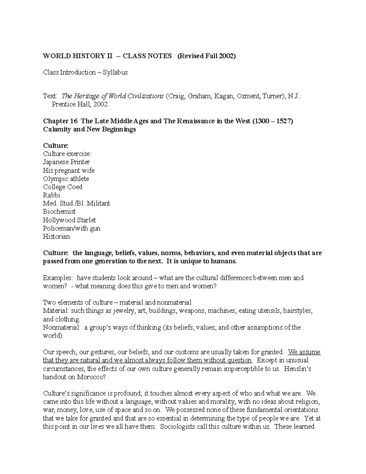 2002 Notes to Exam 1 - WORLD HISTORY II - CLASS NOTES (Revised Fall ...