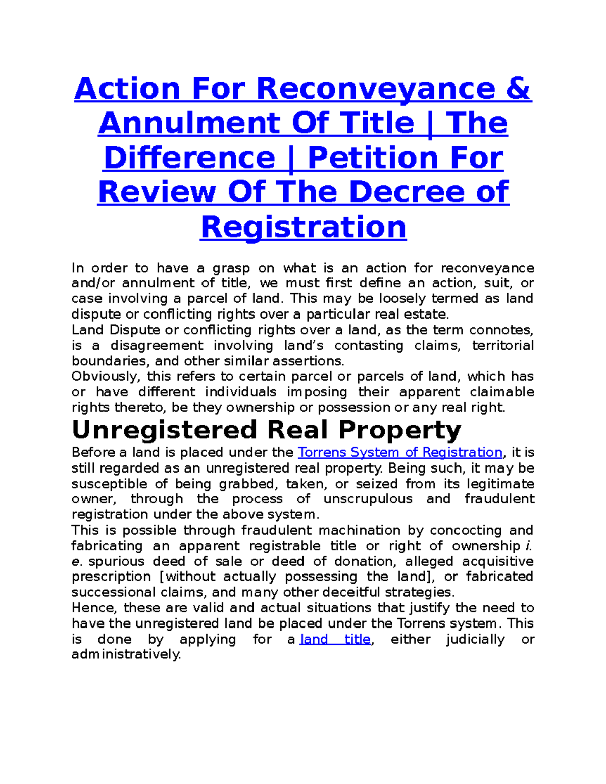 Action For Reconveyance - This may be loosely termed as land dispute or ...