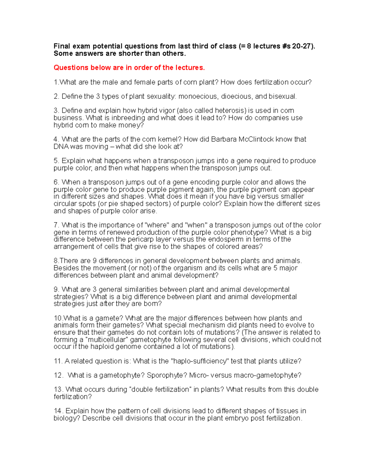 Potential exam questions- last third of class - Final exam potential ...