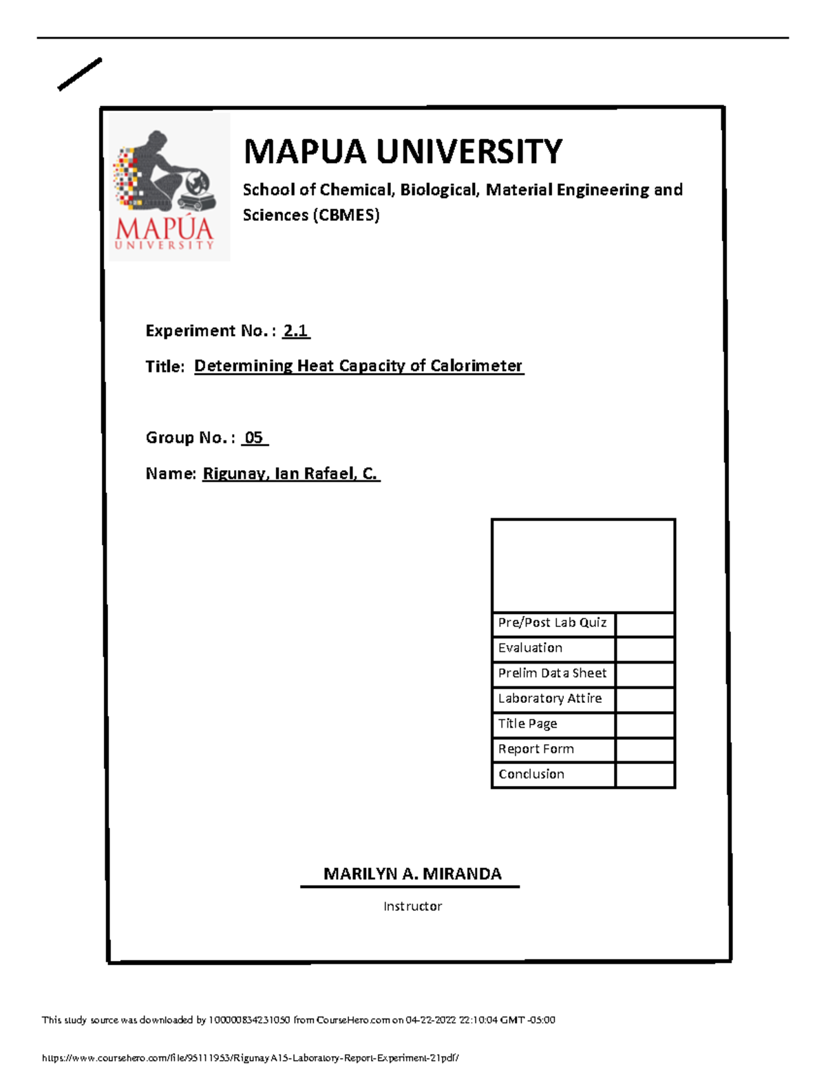 Rigunay A15 Laboratory Report Experiment 2 - MAPUA UNIVERSITY School of ...