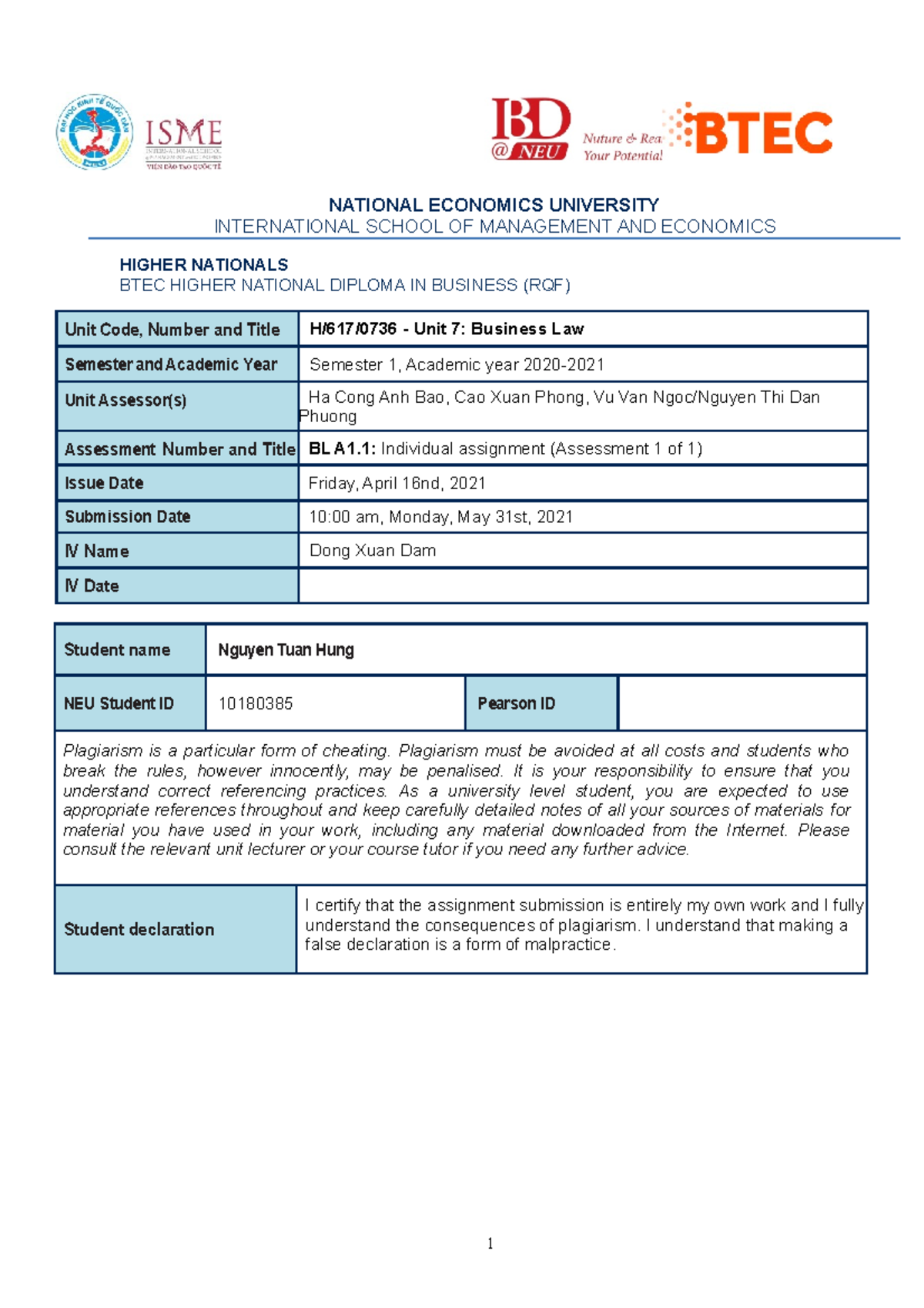 10180385 BL A1 2020 - alo alo - NATIONAL ECONOMICS UNIVERSITY ...