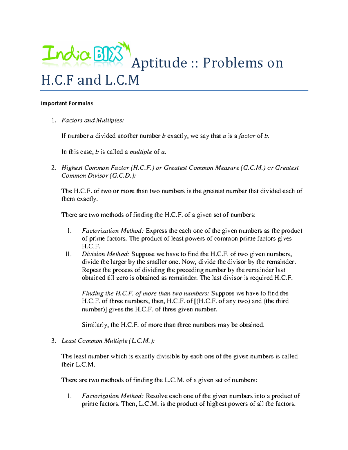 S Aptitude H.C.F.L.C.M - Aptitude :: Problems on H.C and L.C Important Formulas Factors and ...