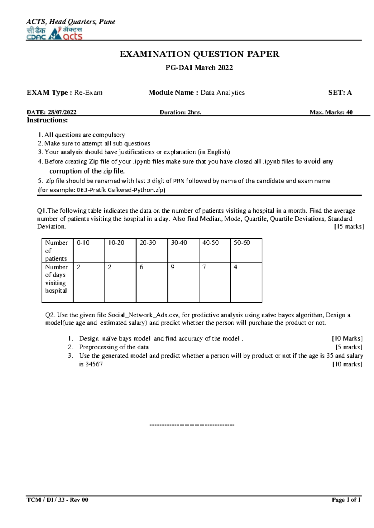 DA Re Exam Question Paper - ACTS, Head Quarters, Pune EXAMINATION ...