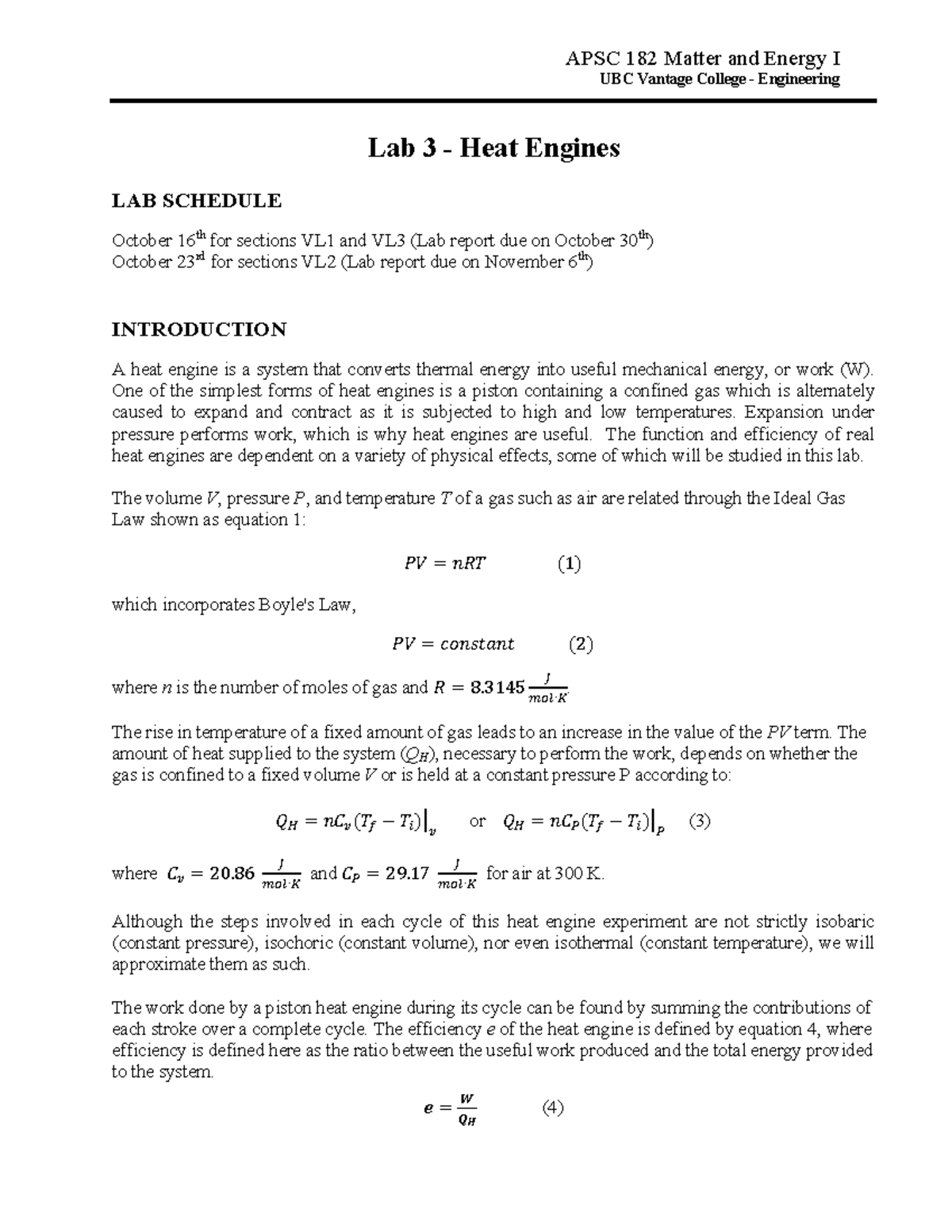 APSC 182 Lab 3 - Heat engine-1 - UBC Vantage College - Engineering Lab ...