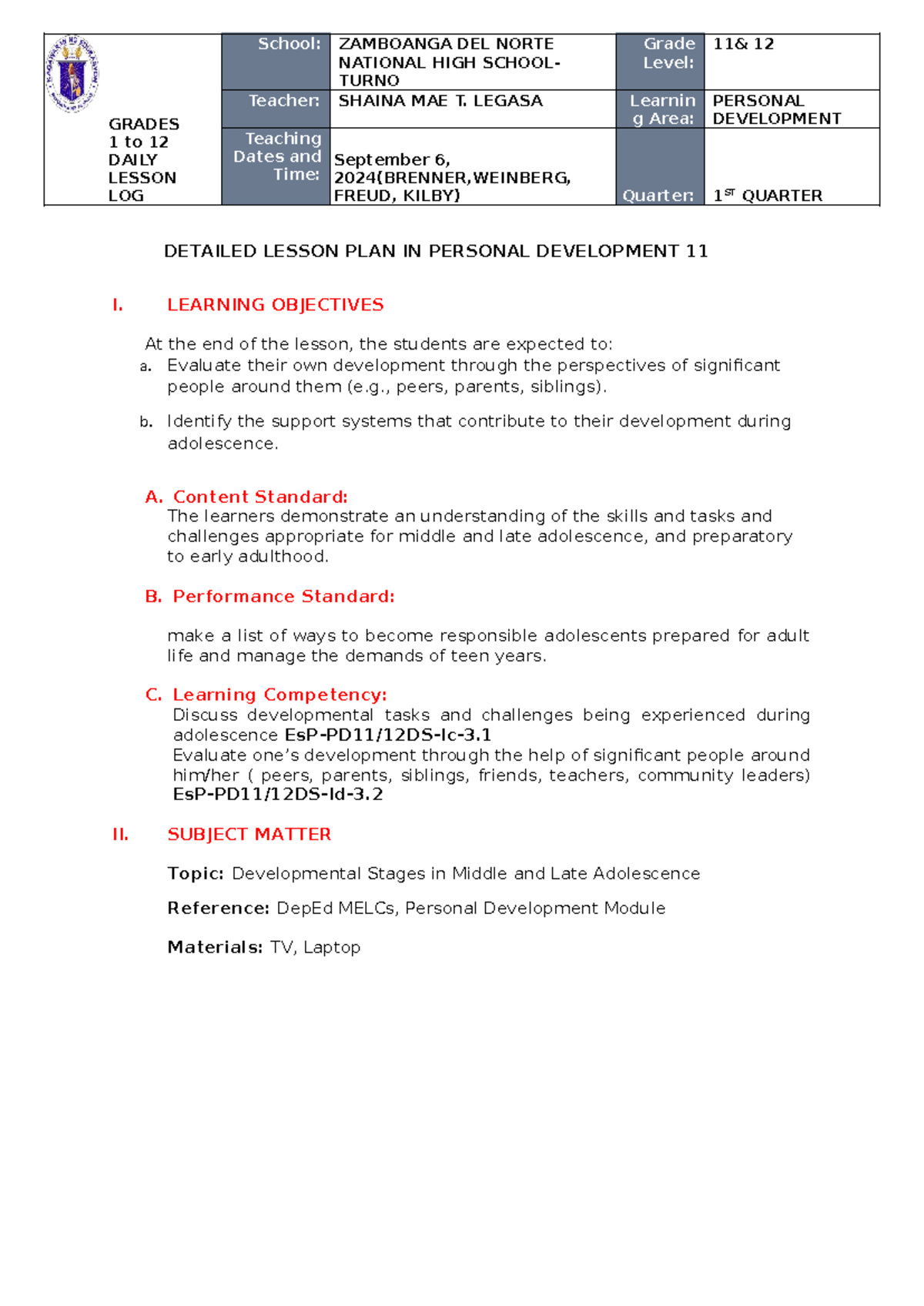 Perdev-mod3 week3-DAY 2 - GRADES 1 to 12 DAILY LESSON LOG School ...