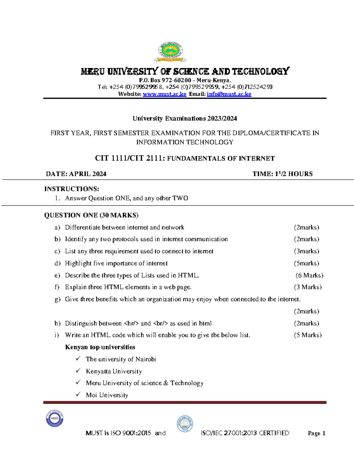 CIT 1111 CIT 2111 Fundamentals OF Internet - MUST is ISO 9001:2015MUST ...
