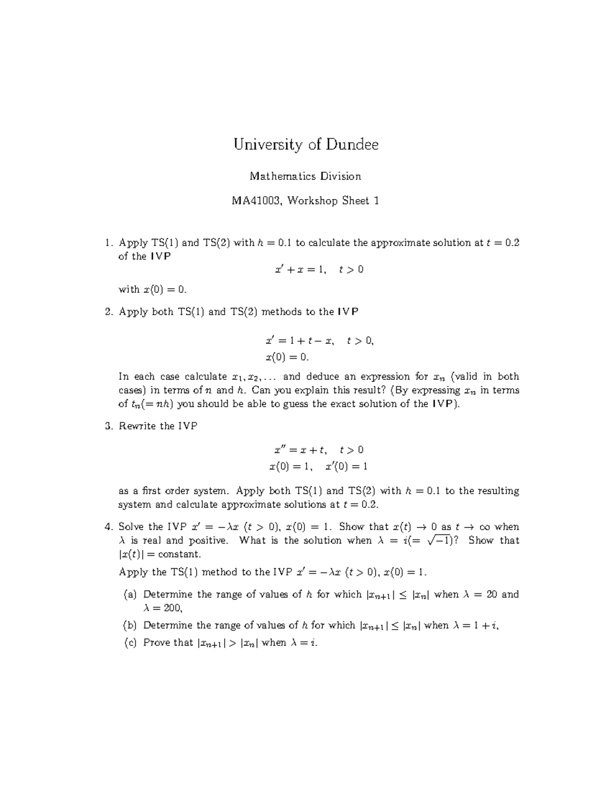 Tutorial 1 - wk1 sheet - University of Dundee Mathematics Division ...