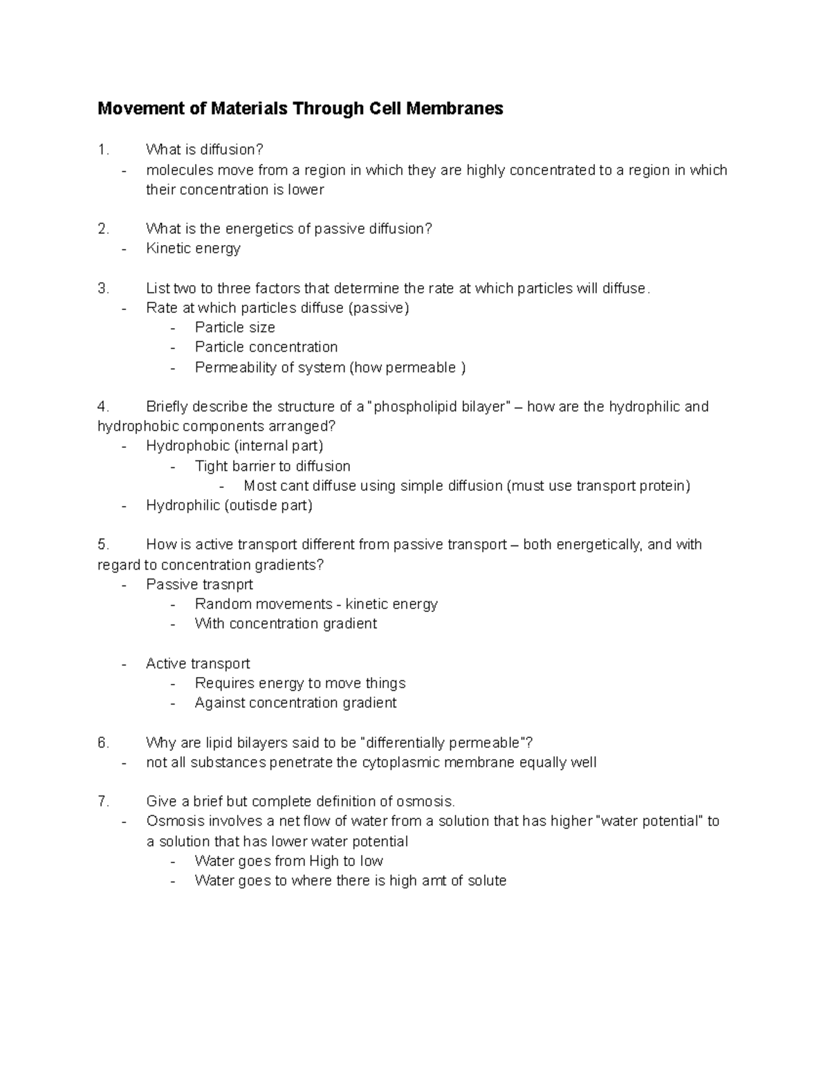 1Learning Objectives Movement of Materials Through Cell Membranes ...