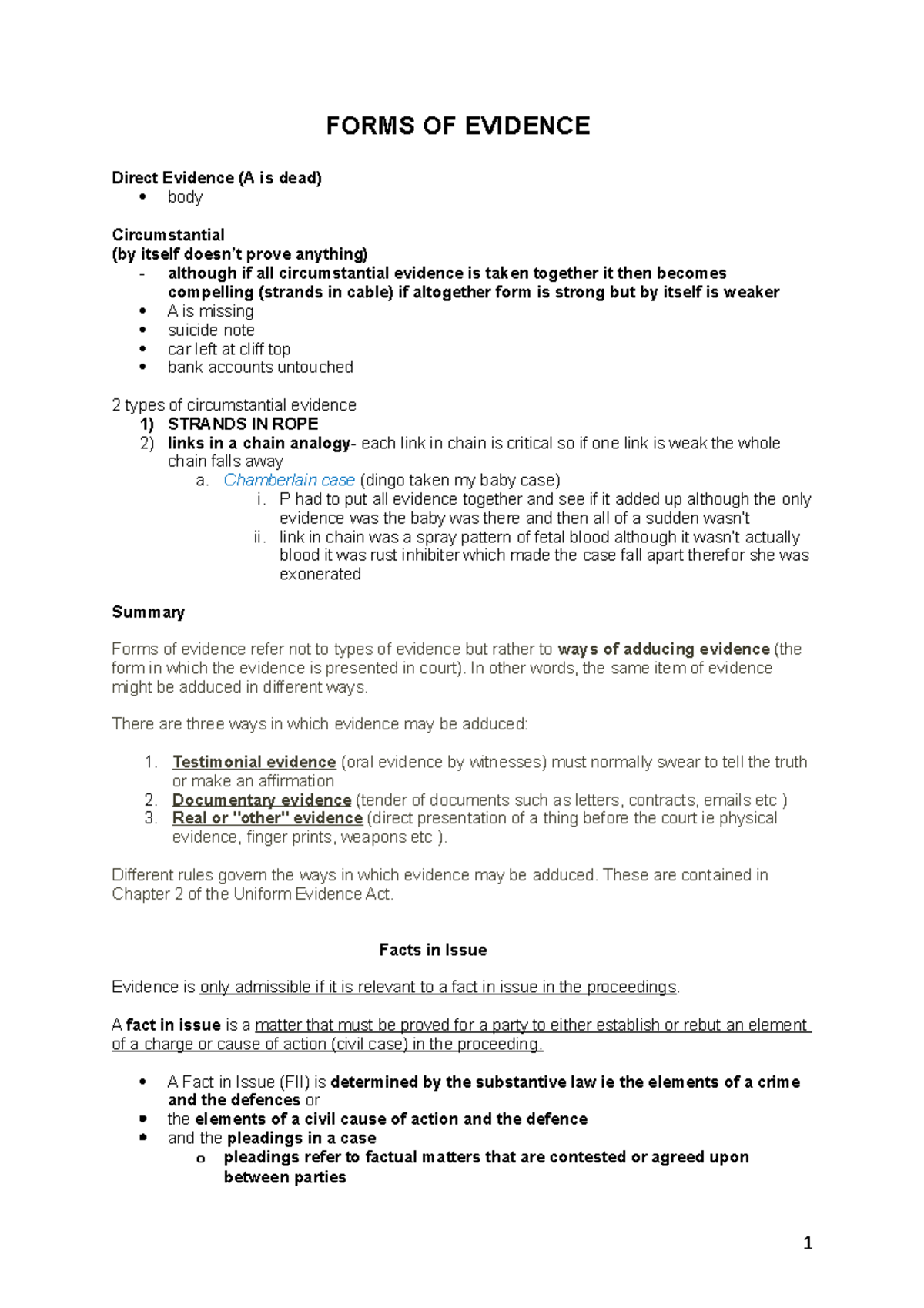 Forms of Evidence - FORMS OF EVIDENCE Direct Evidence (A is dead) body ...