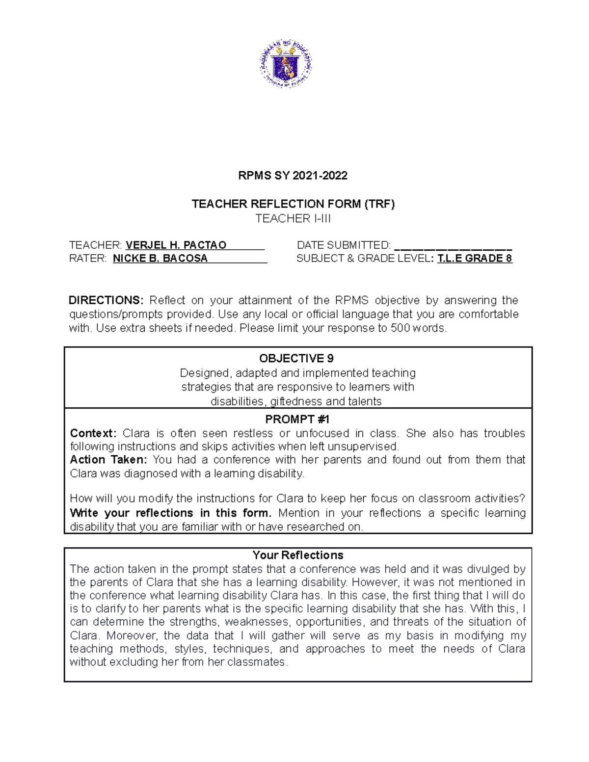 1 - none - RPMS SY 2021- TEACHER REFLECTION FORM (TRF) TEACHER I-III ...