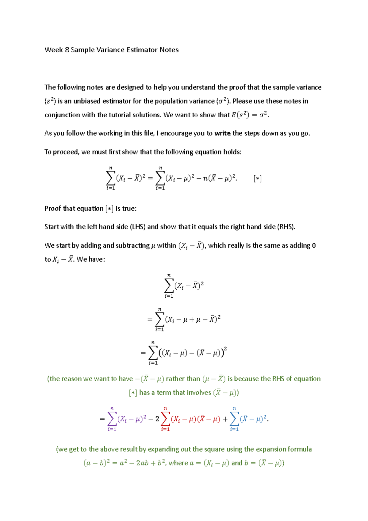 Week 8 Sample Variance Estimator Notes Pdf Week 8 Sample Variance