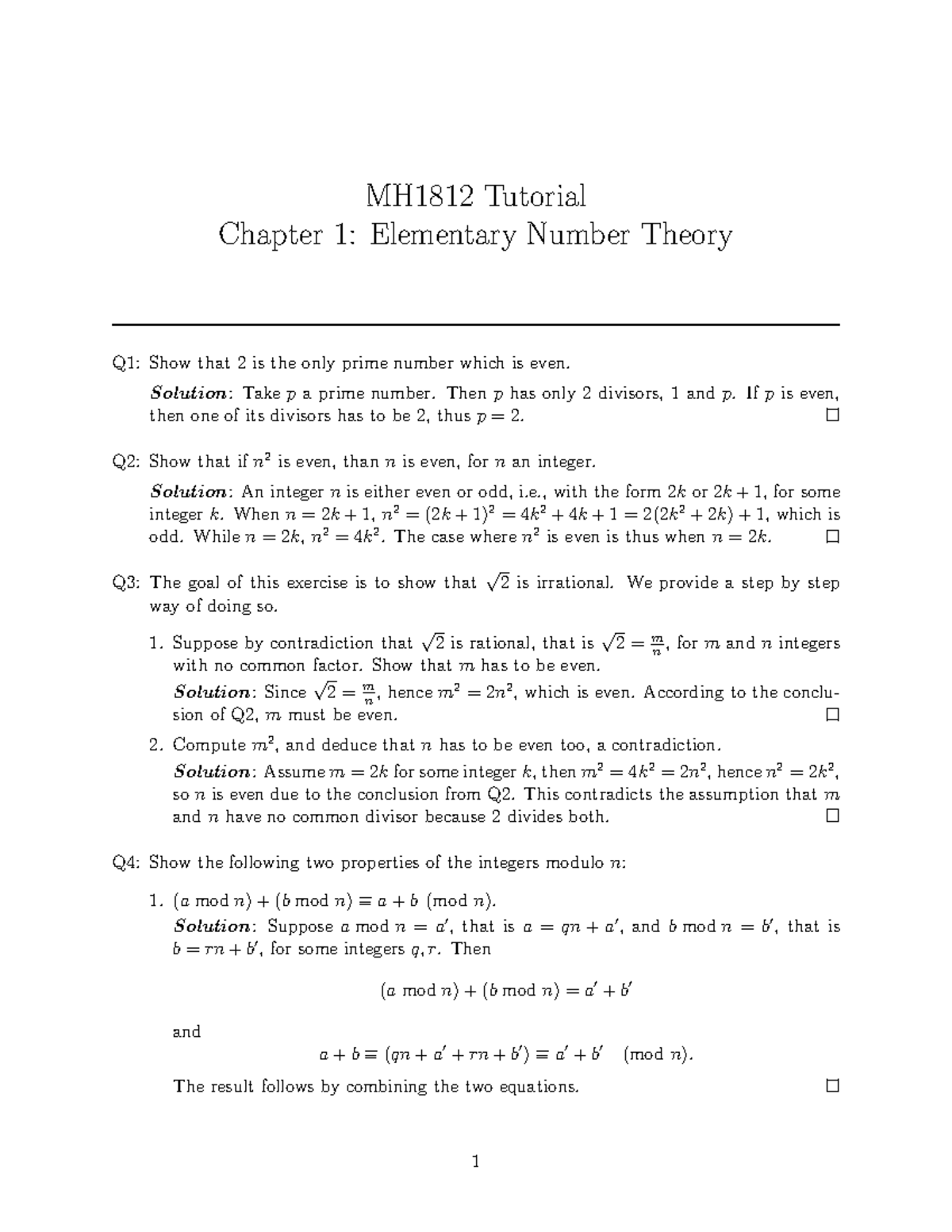 Chapter 1 - Homework - Solutions - MH1812 Tutorial Chapter 1: Elementary Number Theory Q1: Show ...