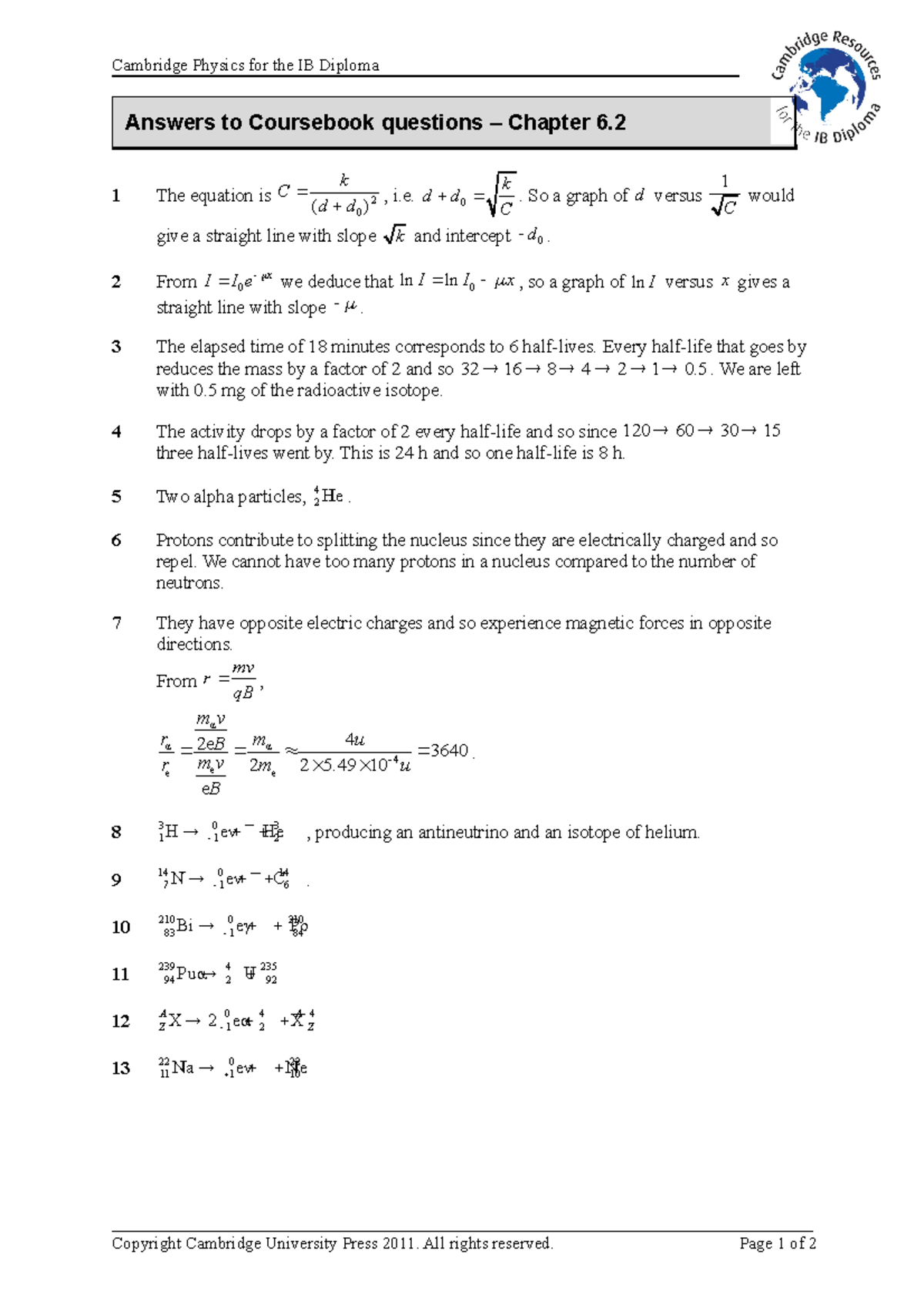 IB physics radioactivity - Cambridge Physics for the IB Diploma Answers ...