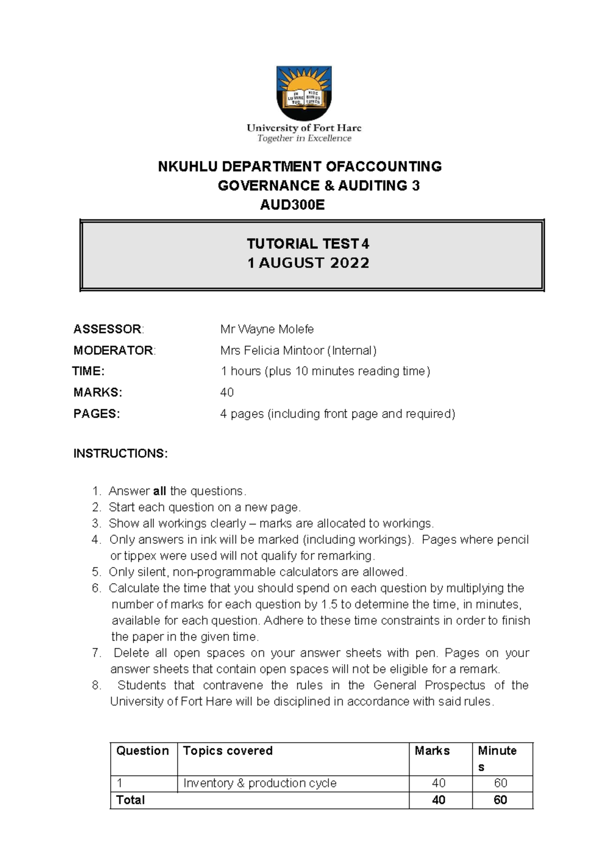 AUD300 Tutorial Test 4 - Question(1) - NKUHLU DEPARTMENT OFACCOUNTING ...