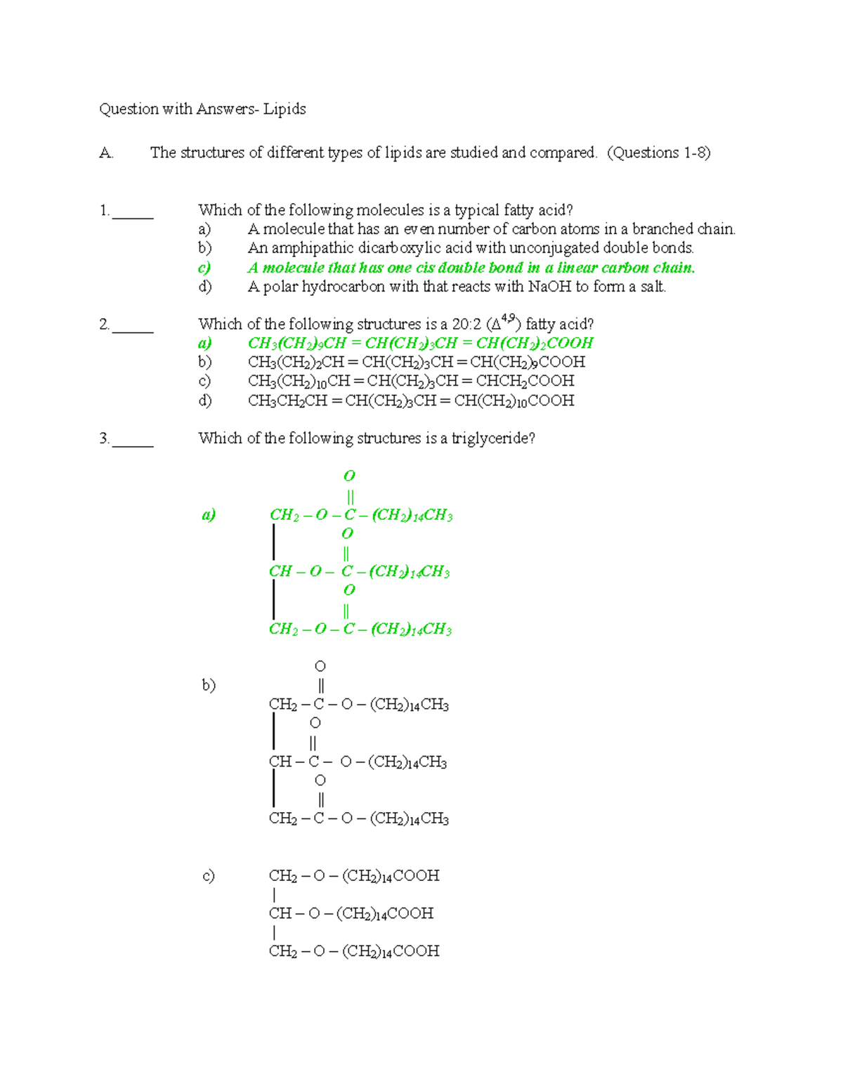 Answers Lipids - MCQs in Lipid Biochemistry - Question with Answers ...