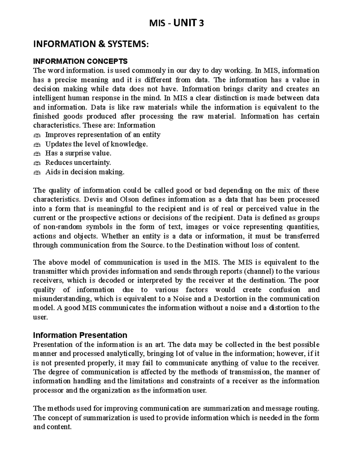 MIS Notes Unit 3 - MIS - UNIT 3 INFORMATION & SYSTEMS: INFORMATION ...