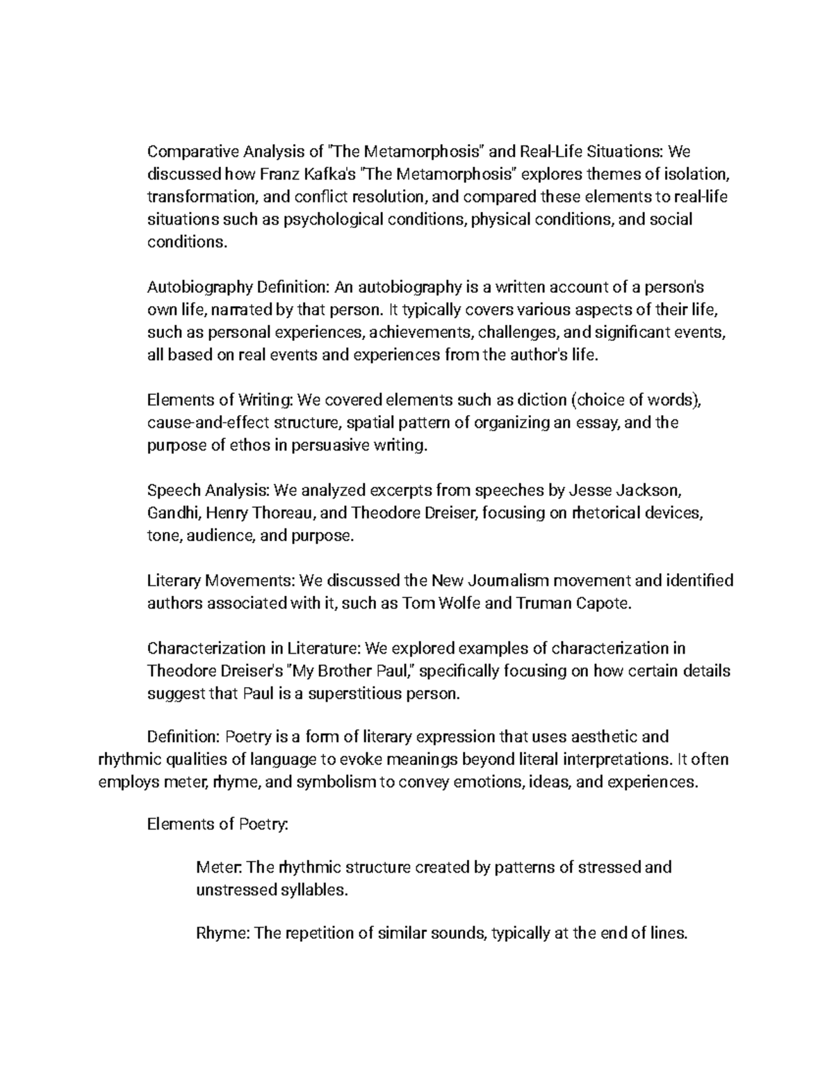 Notes - Comparative Analysis of "The Metamorphosis" and Real-Life ...