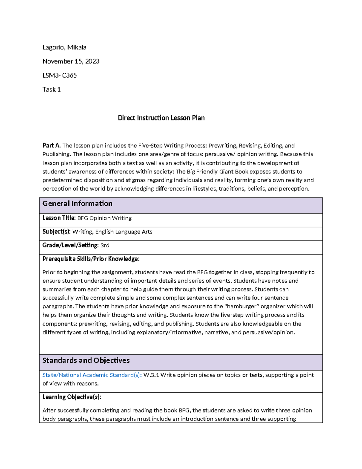 C365 Task 1 - task 1 - Lagorio, Mikala November 15, 2023 LSM3- C Task 1 Direct Instruction ...
