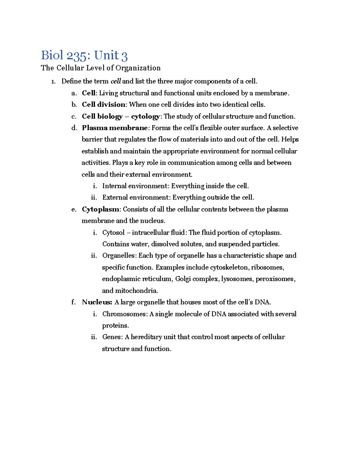 Biol 235 Unit 3 - Unit 3 notes - Biol 235: Unit 3 The Cellular Level of ...