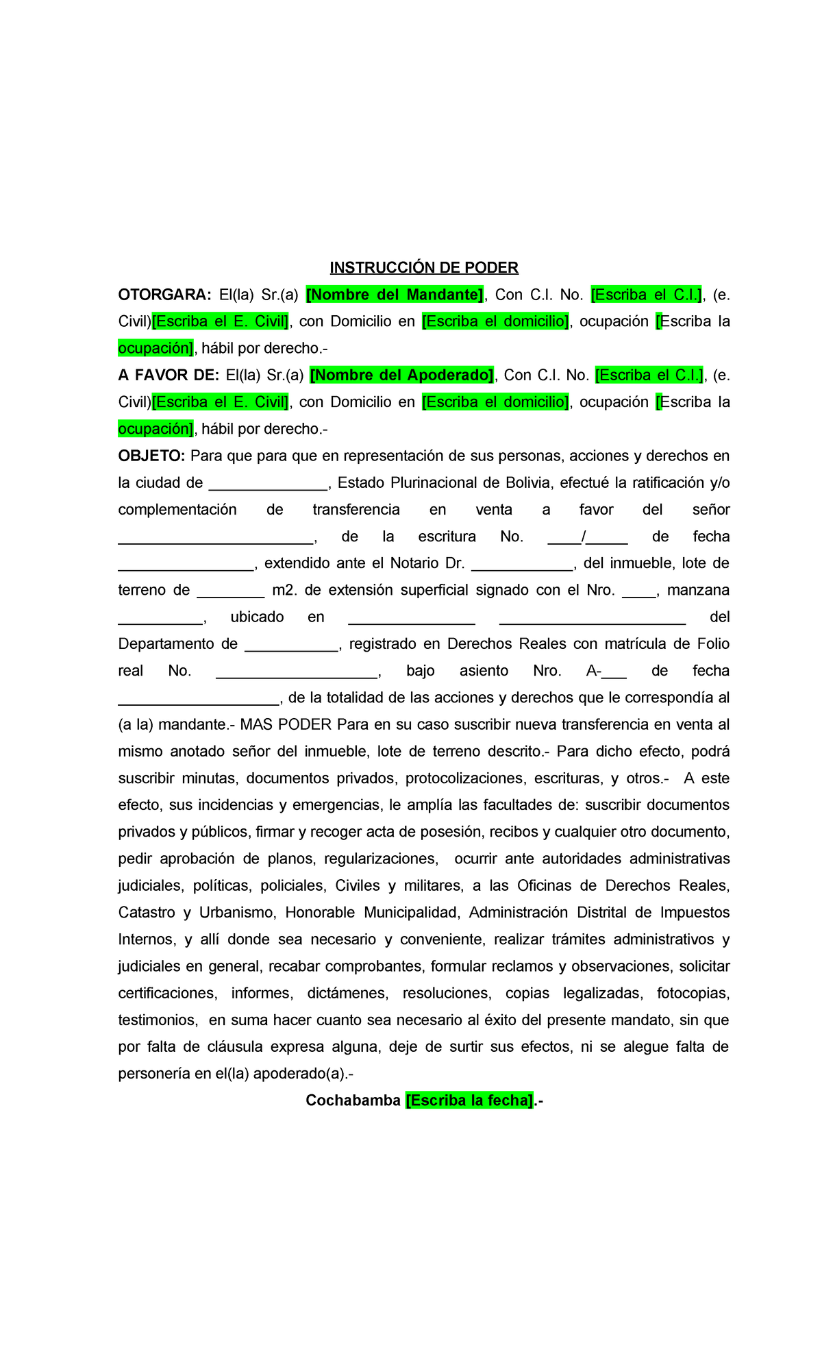 Modelo DE Poder PARA Compra Venta DE Inmueble - INSTRUCCIÓN DE PODER ...