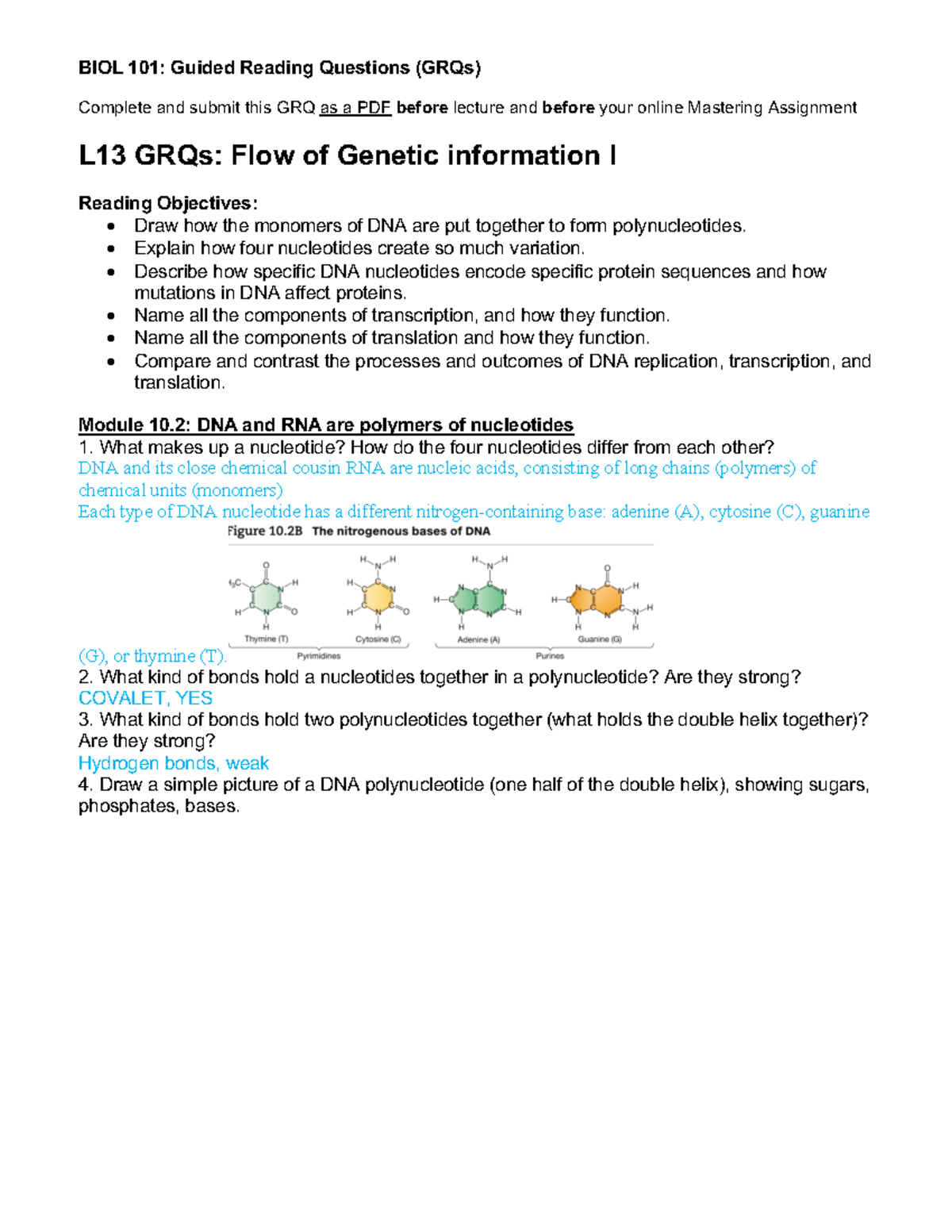 Lesson 13 GRQs Flow of Genetic information Part 1 - Complete and submit ...