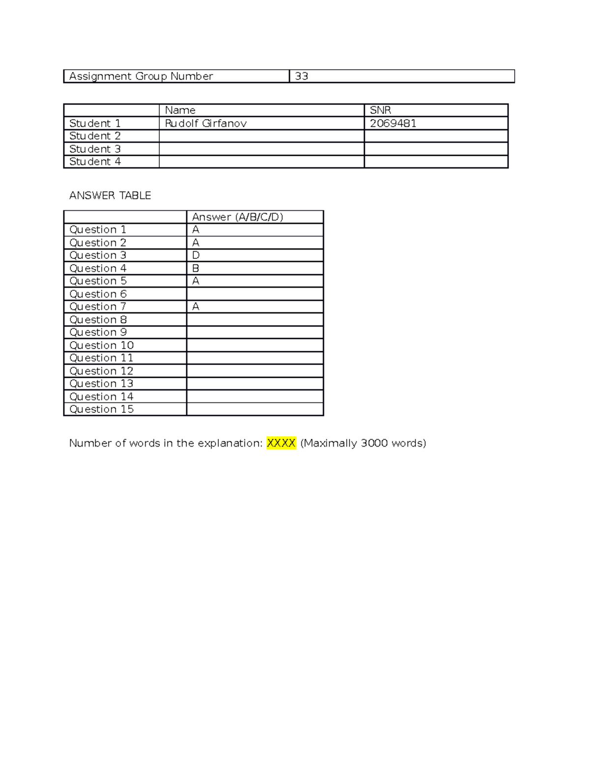 Template Assignment - Assignment Group Number 33 Name SNR Student 1 ...