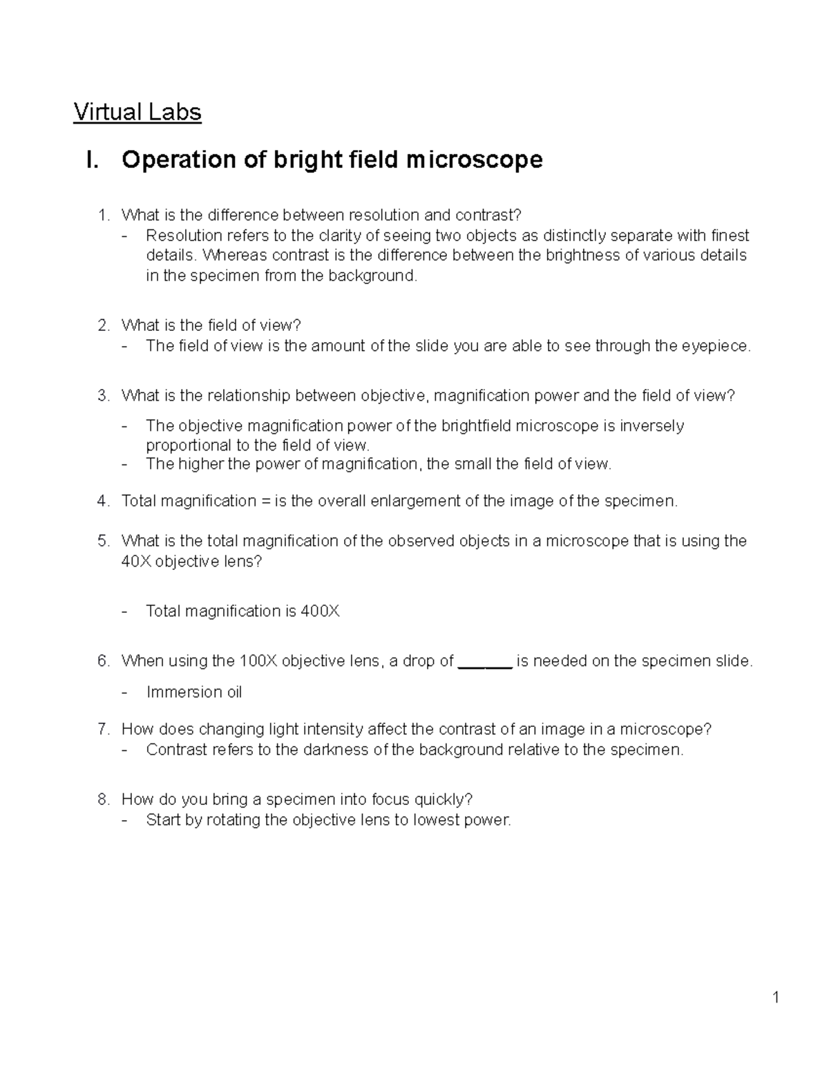 Lab 4 - Study Guide - Virtual Labs I. Operation of bright field ...
