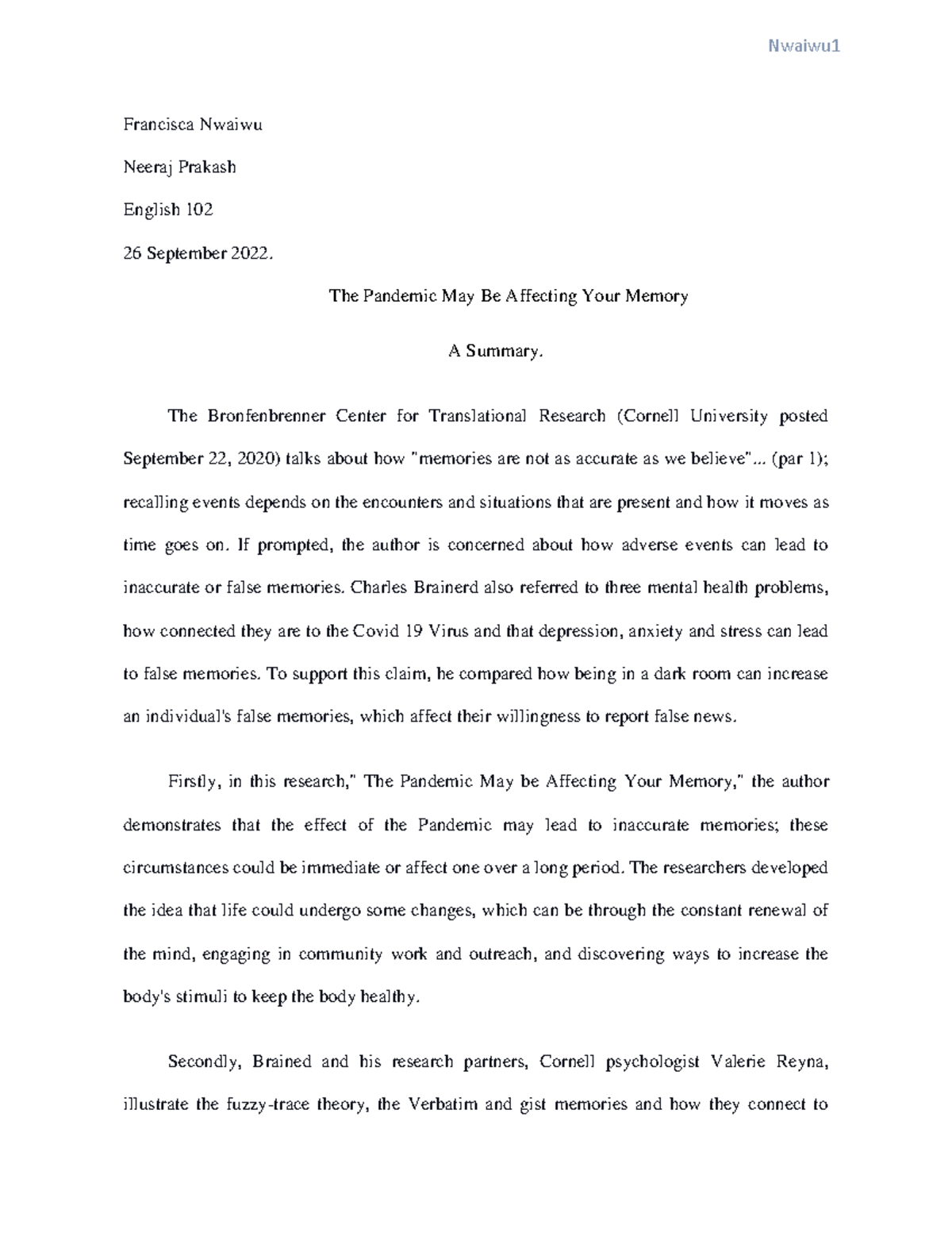 The Summary- If Evidence Can Demonstrate That Individual memories ...