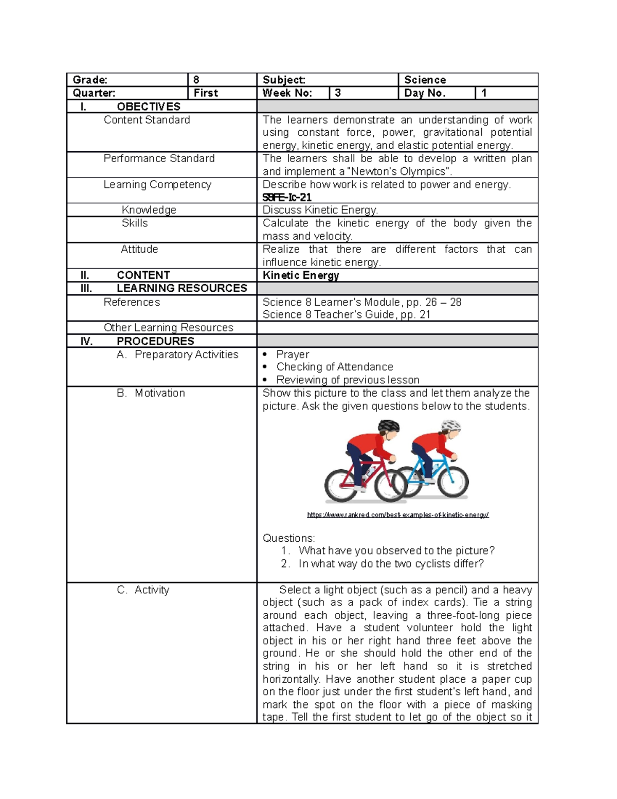 Grade 8 Science WEEK 3 - Grade: 8 Subject: Science Quarter: First Week ...