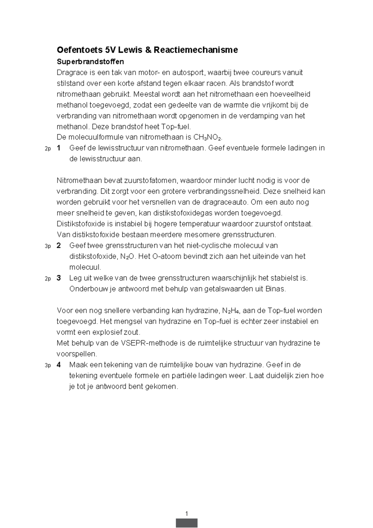 Oefentoets-5V-Lewis - scheikunde - Oefentoets 5V Lewis & Reactiemechanisme Superbrandstoffen ...