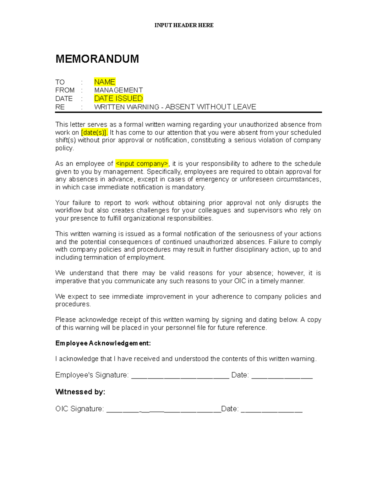 Written Warning - Absent Without Leave - INPUT HEADER HERE MEMORANDUM ...