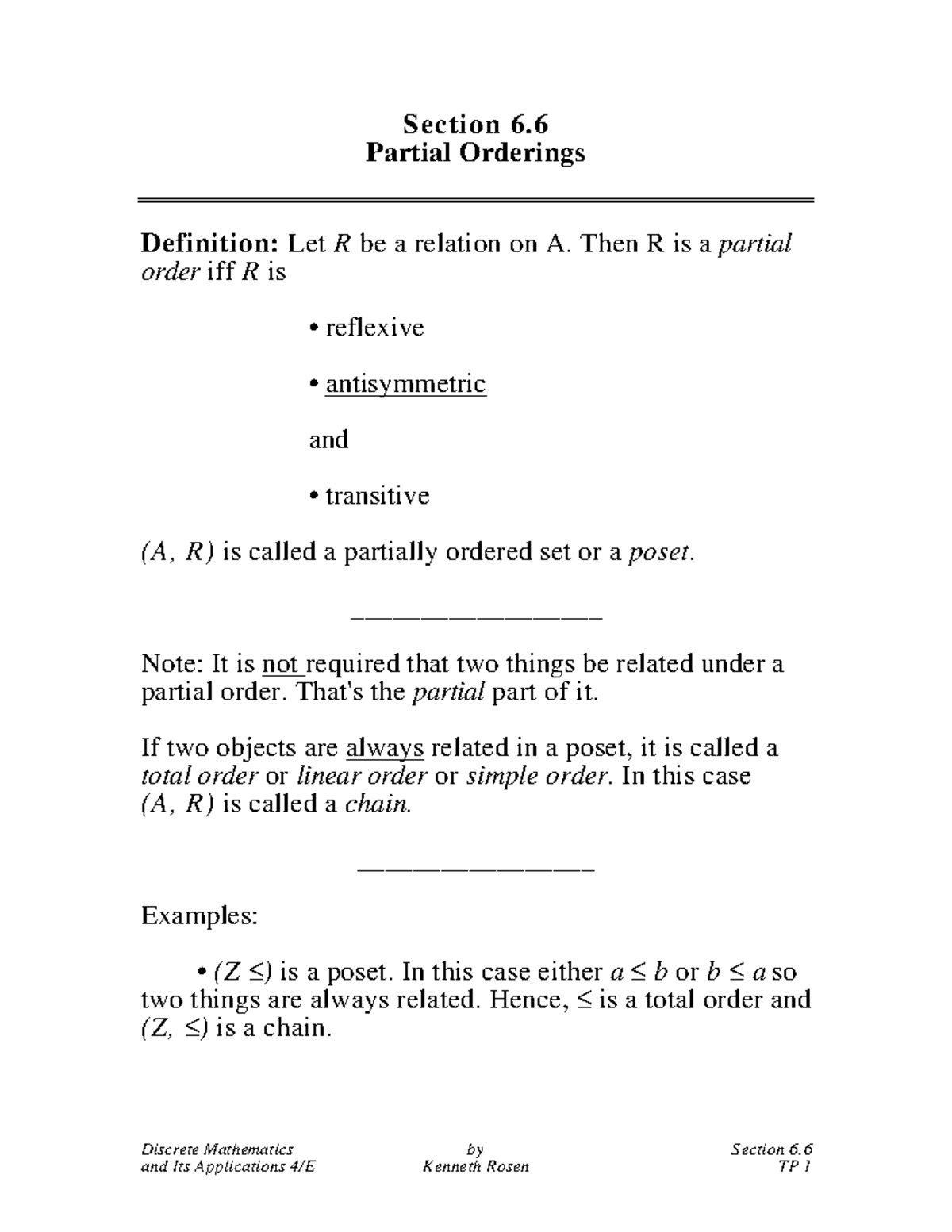 Chapt 76 - Section 6. Partial Orderings Definition: Let R be a relation ...
