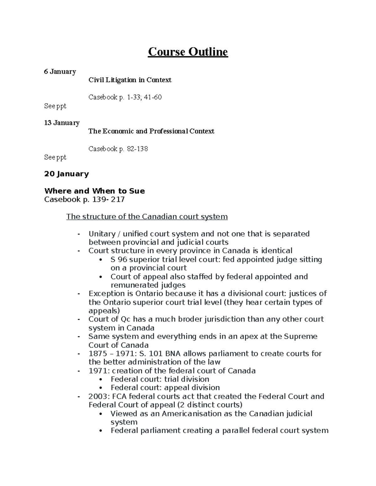 2021Civil procedure notes - Course Outline 6 January Civil Litigation ...