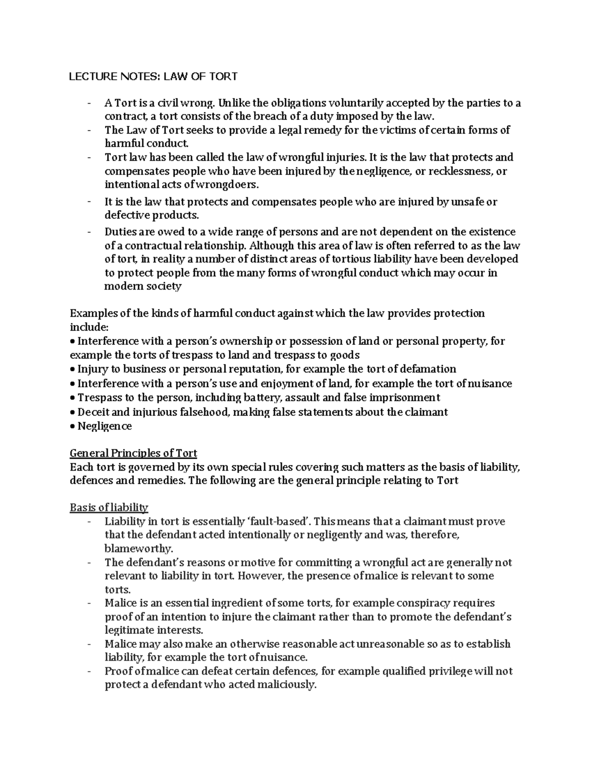 Lecture Notes - LAW OF TORT - LECTURE NOTES: LAW OF TORT - A Tort is a ...