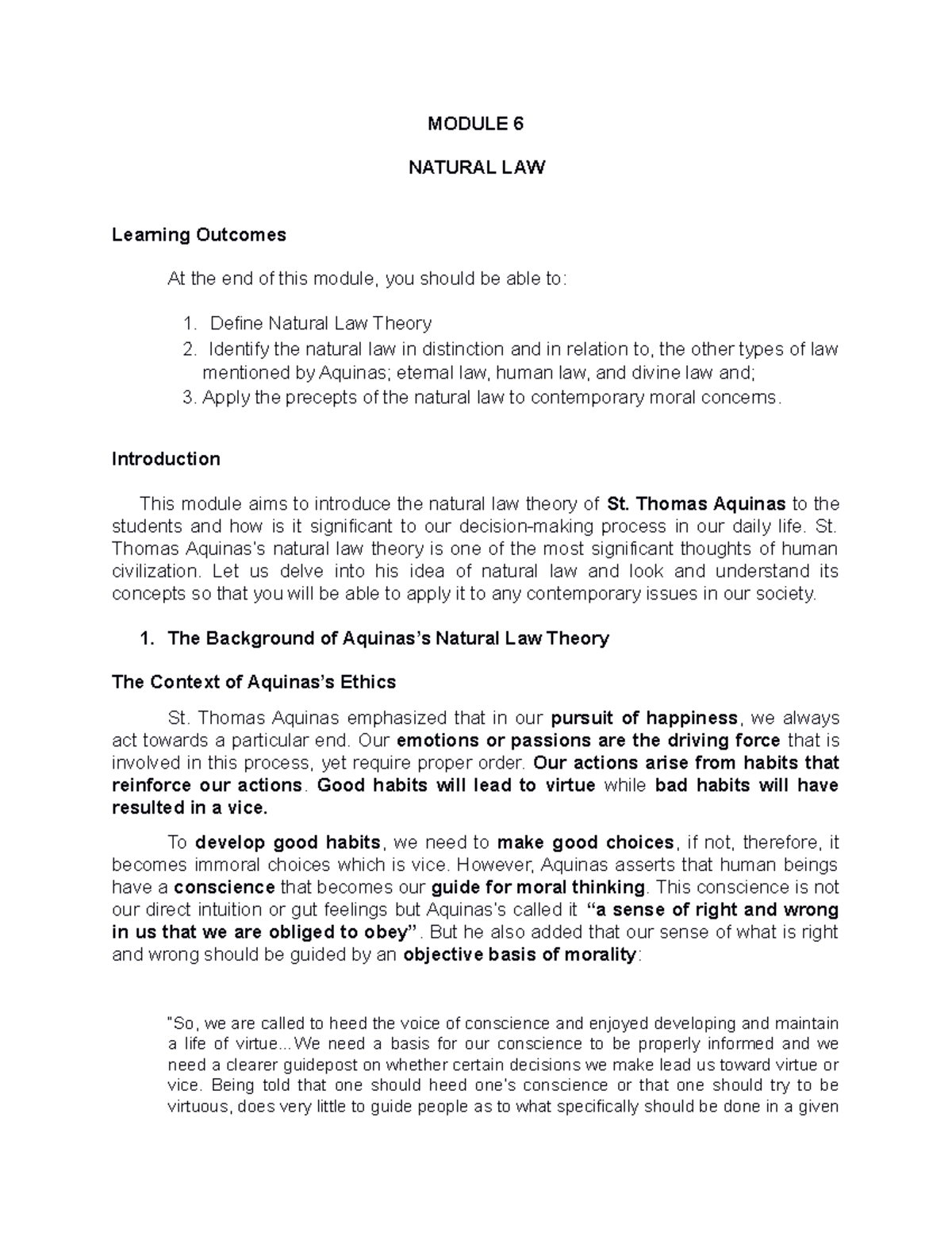 Module 6. Natural Law - MODULE 6 NATURAL LAW Learning Outcomes At the ...