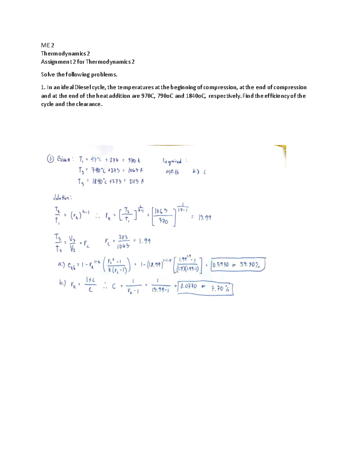 Thermo 2 Assignment 2 and Exercise - ME 2 Thermodynamics 2 Assignment 2 for Thermodynamics 2 ...