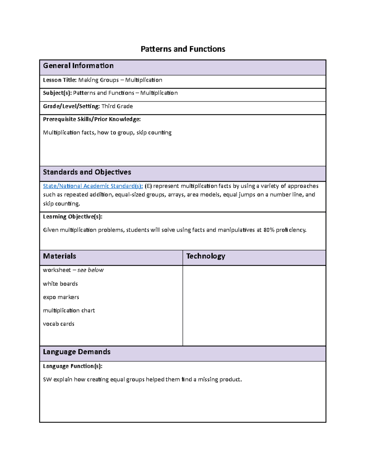 Patterns and Function Lesson Number Sense and Function - BNM2 ...