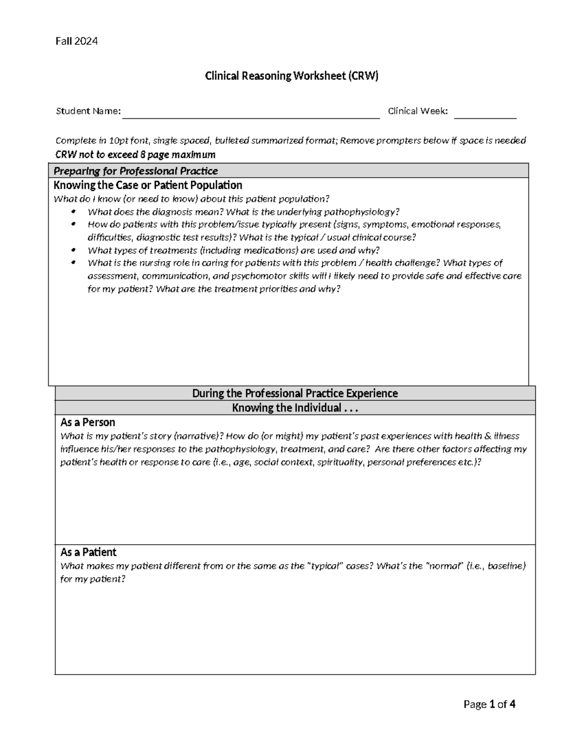 Clinical Reasoning Worksheet F2024 - Clinical Reasoning Worksheet (CRW ...