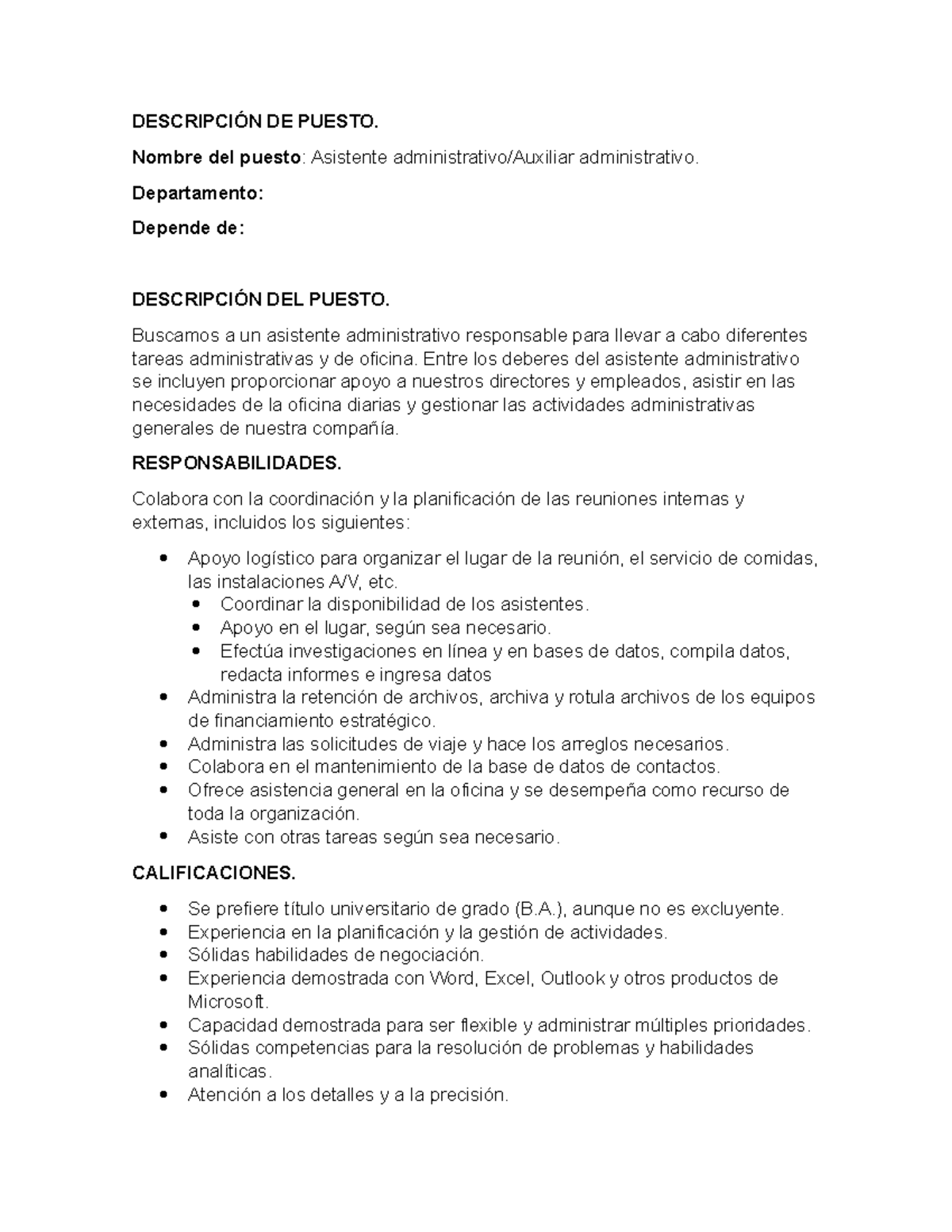 Descripción DE Puestos - DESCRIPCIÓN DE PUESTO. Nombre del puesto: Asistente administrativo ...