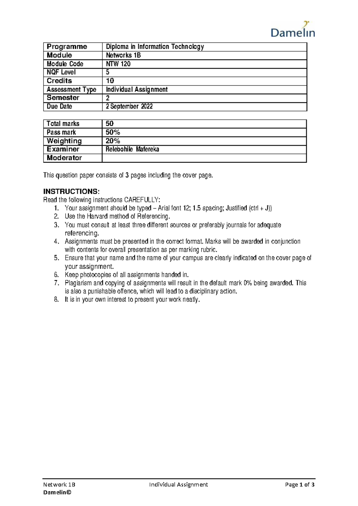 Documentation Analysis and Design - Network 1B Damelin© Individual ...
