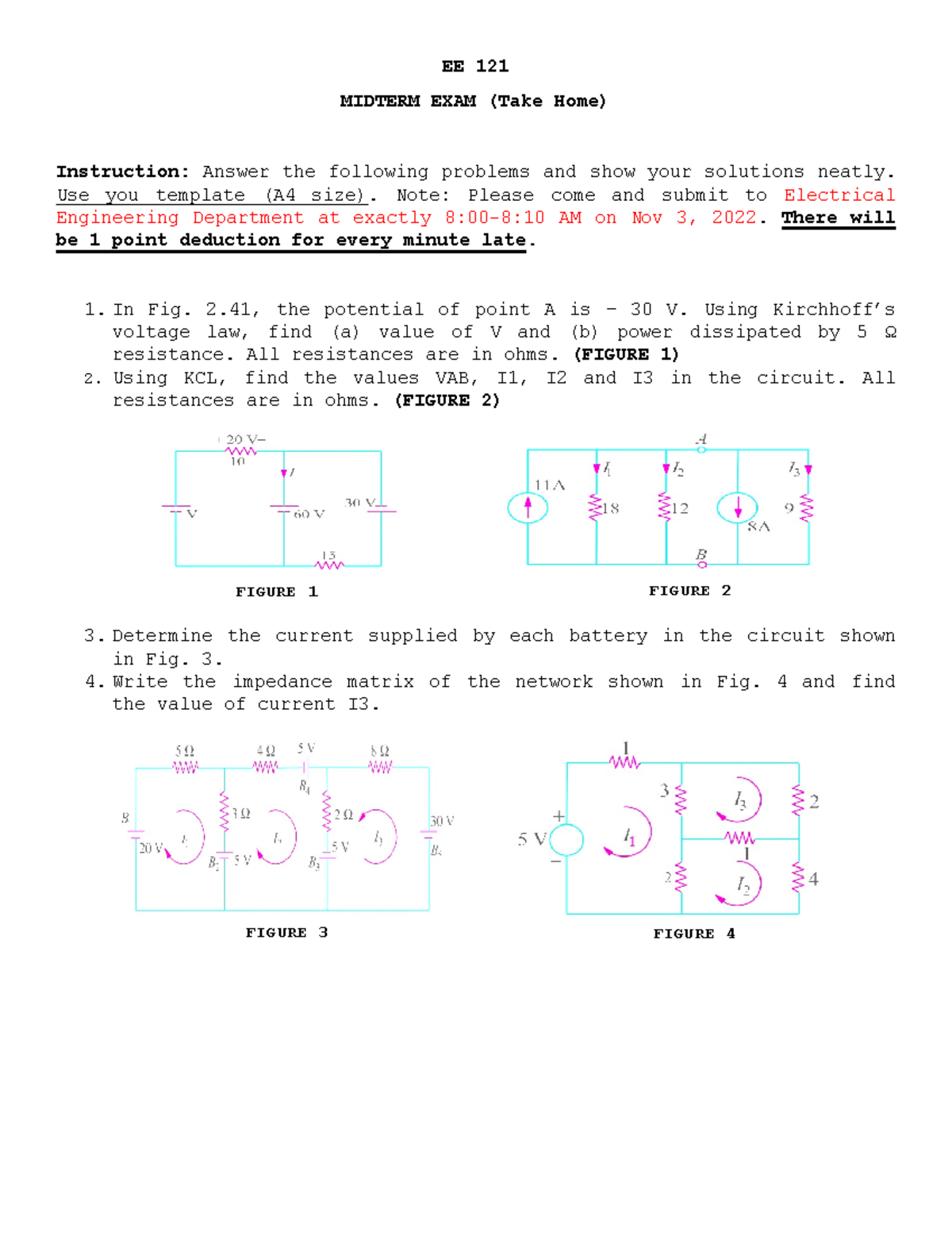 Midterm-EXAM-EE121 - Problem solving. - EE 121 MIDTERM EXAM (Take Home) Instruction: Answer the ...