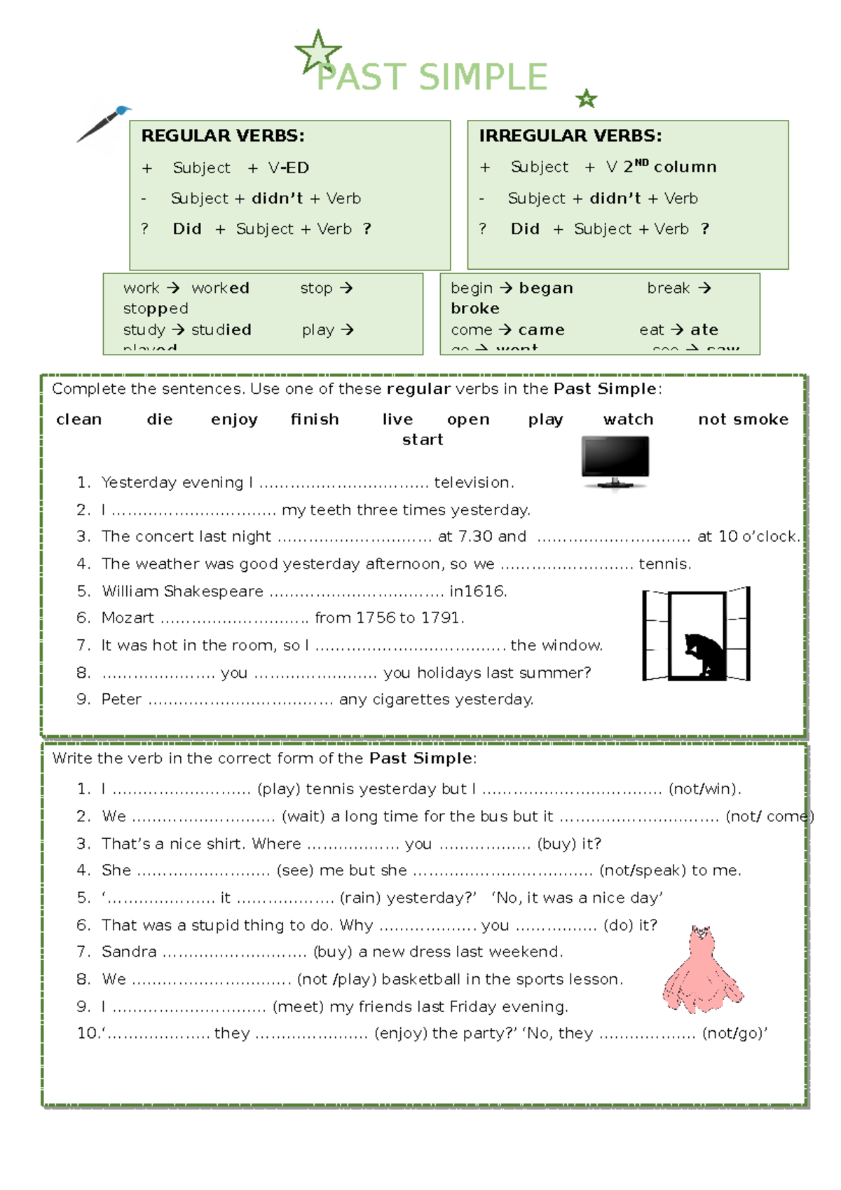 PAST Simple Grammar - REGULAR VERBS: Subject + V -ED Subject + didn’t ...