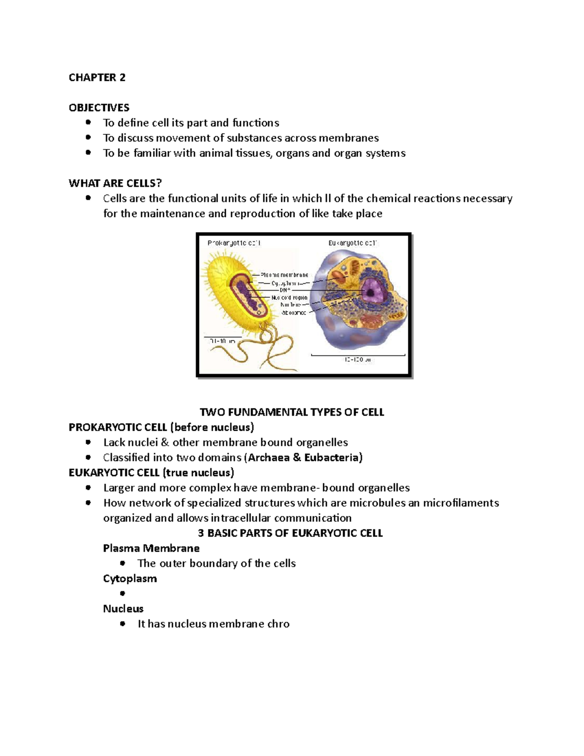 ZOOLOGY LECTURE REVIEWER - CHAPTER 2 OBJECTIVES To define cell its part ...