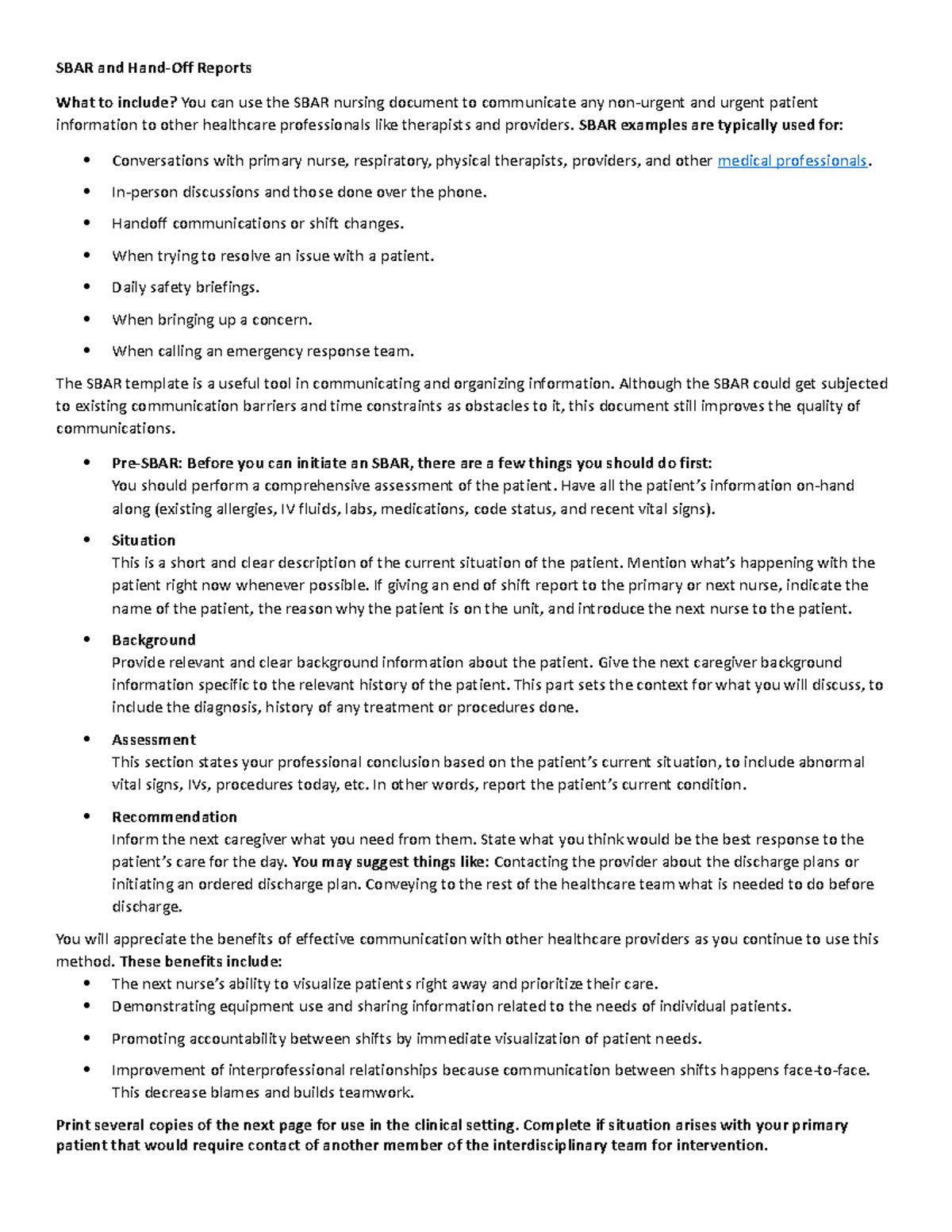 SBAR Template 2023 - SBAR and Hand-Off Reports What to include? You can ...
