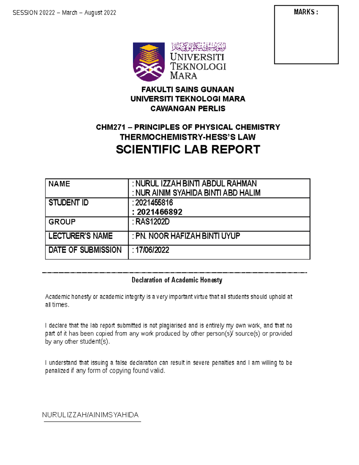 Experiment chm 271 - Lab report - NAME : NURUL IZZAH BINTI ABDUL RAHMAN ...