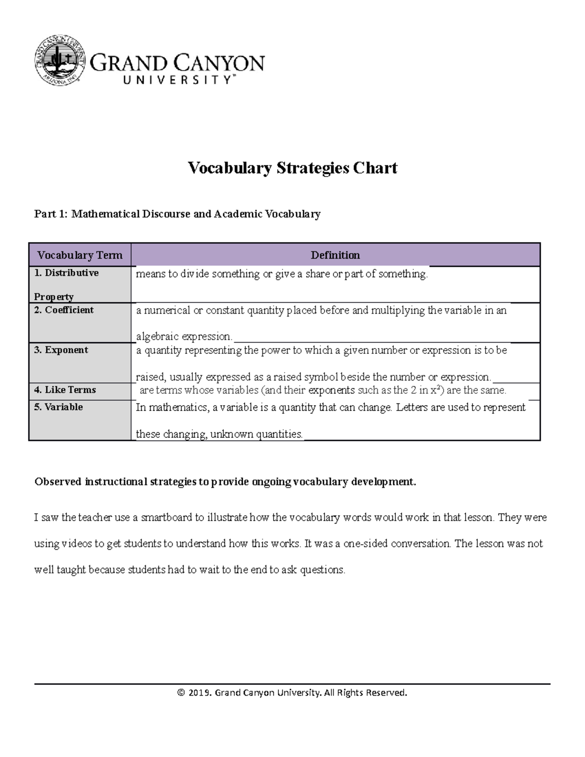 Week 4 - Week 4 - Vocabulary Strategies Chart Part 1: Mathematical ...