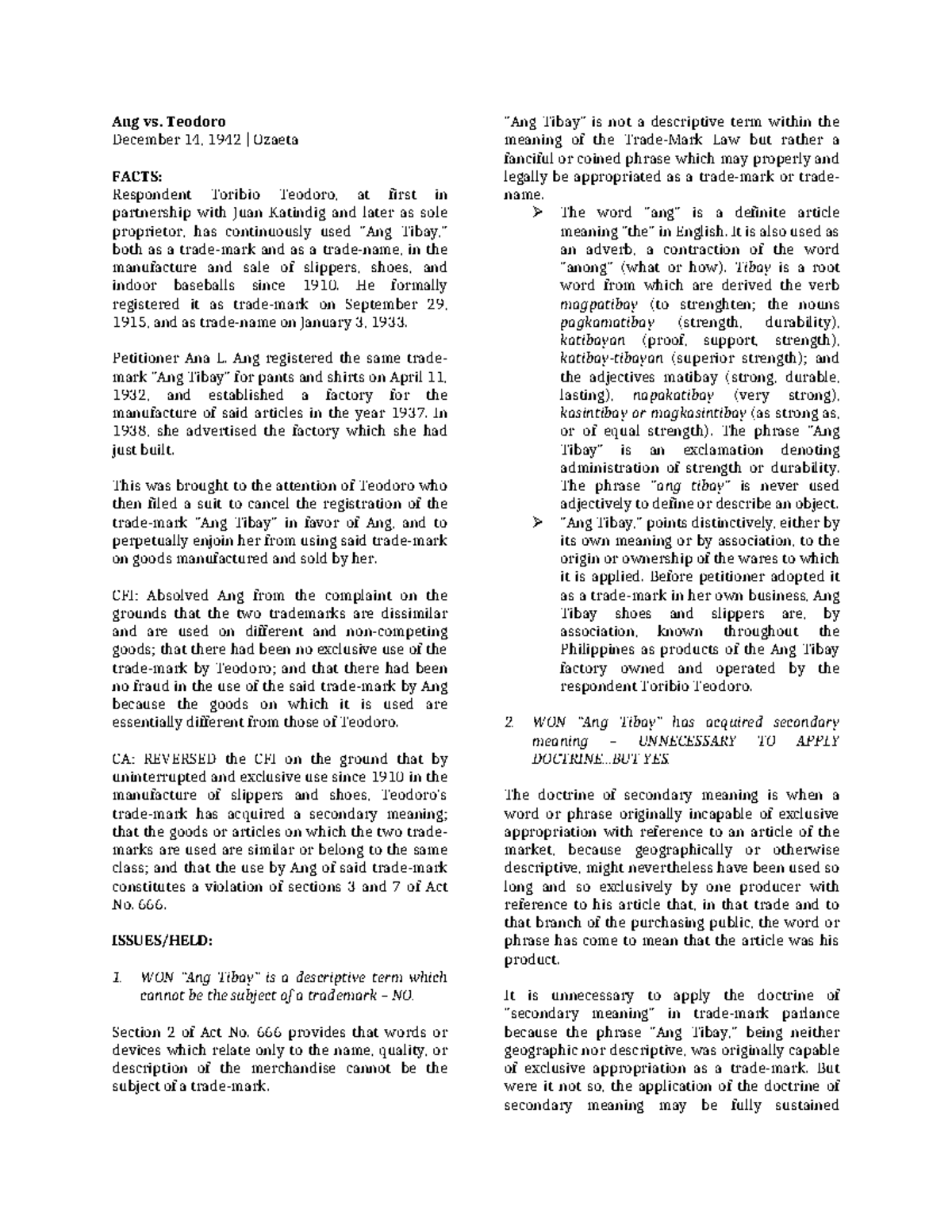 63091348 Ang vs Teodoro - Ang vs. Teodoro December 14, 1942 | Ozaeta ...
